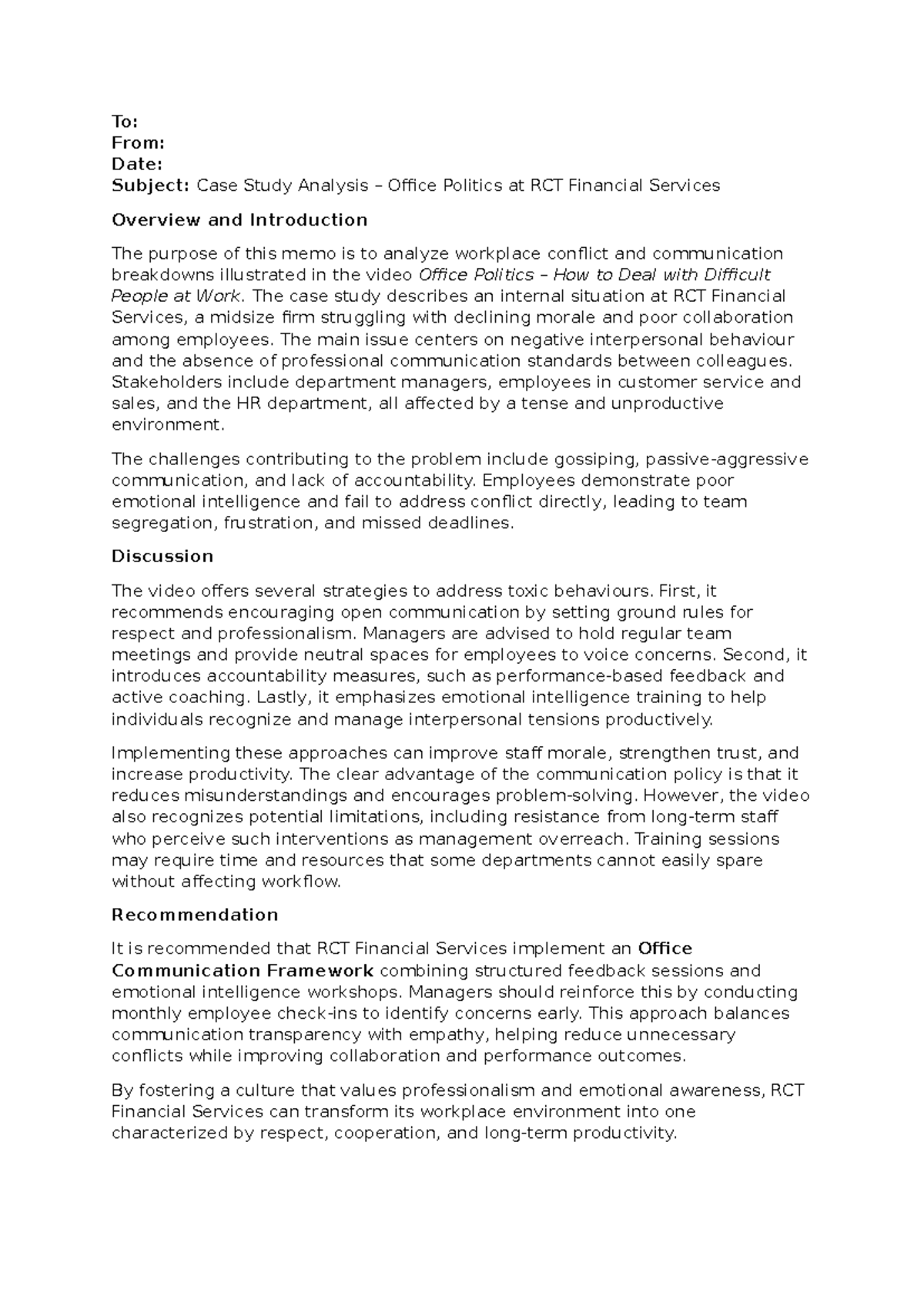 Case Study: Office Politics at RCT Financial Services Analysis - Studocu