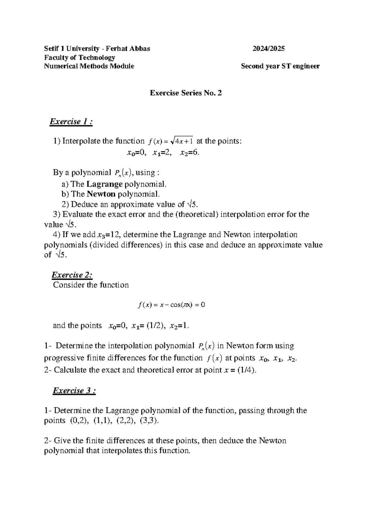 Exercise Series No. 2 - bien - Setif 1 University - Ferhat Abbas 2024 ...