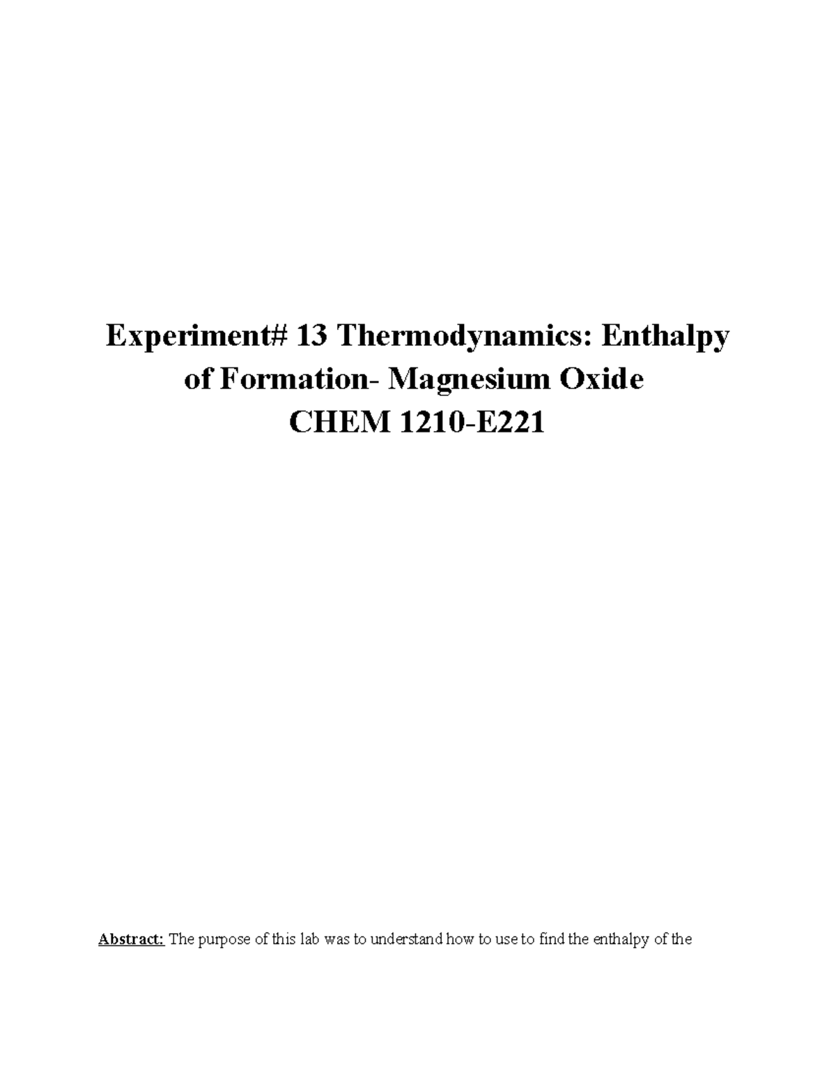 CHEM 1210-E Lab 13: Thermodynamics and Enthalpy of MgO Formation - Studocu
