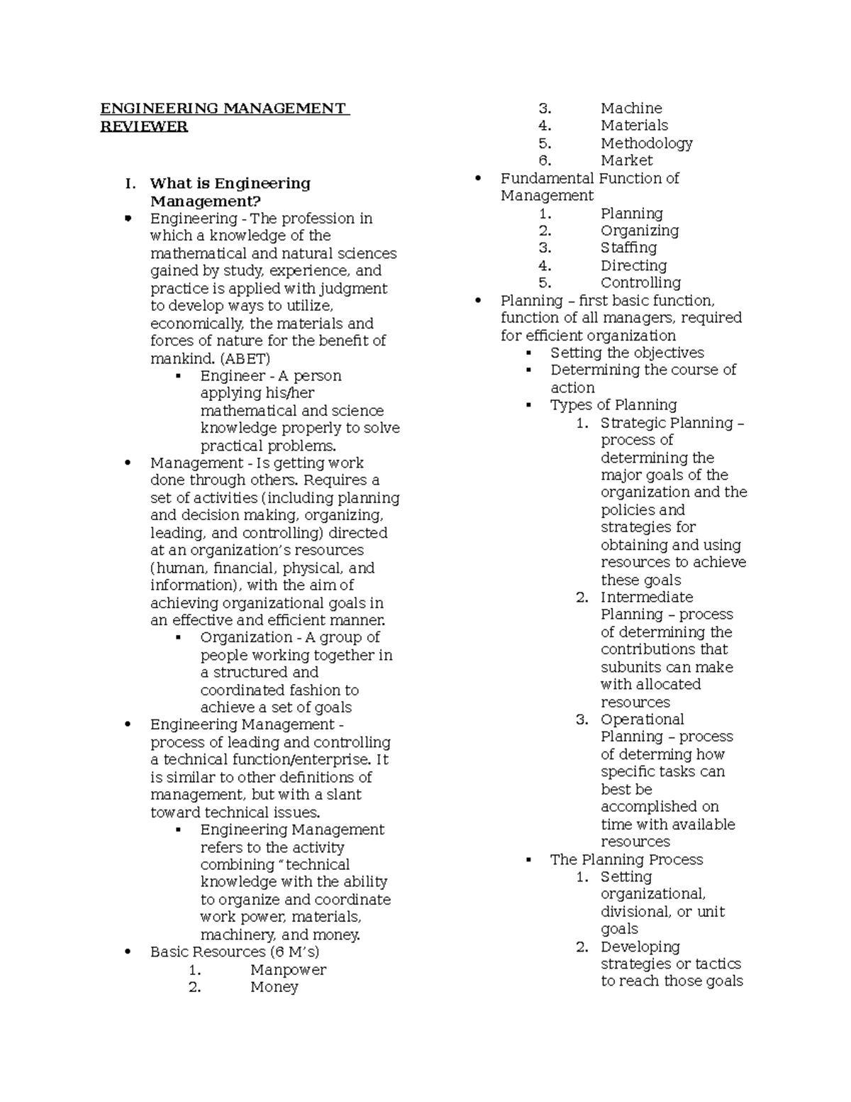 Engineering Management Review: Key Concepts & Functions - Studocu