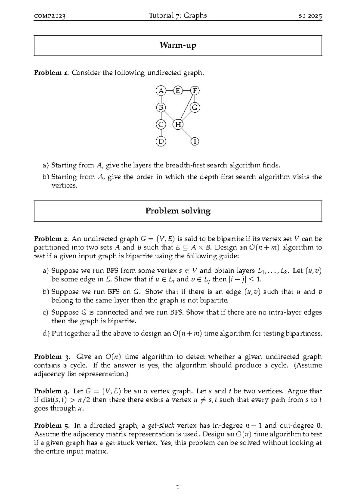 COMP2123 Tutorial 7: Analyzing Graph Algorithms and Problems (S1 2025 ...