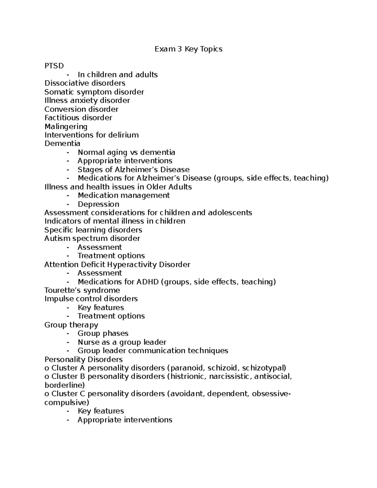 256 Exam 3 Key Topics: Mental Health Disorders & Interventions - Studocu