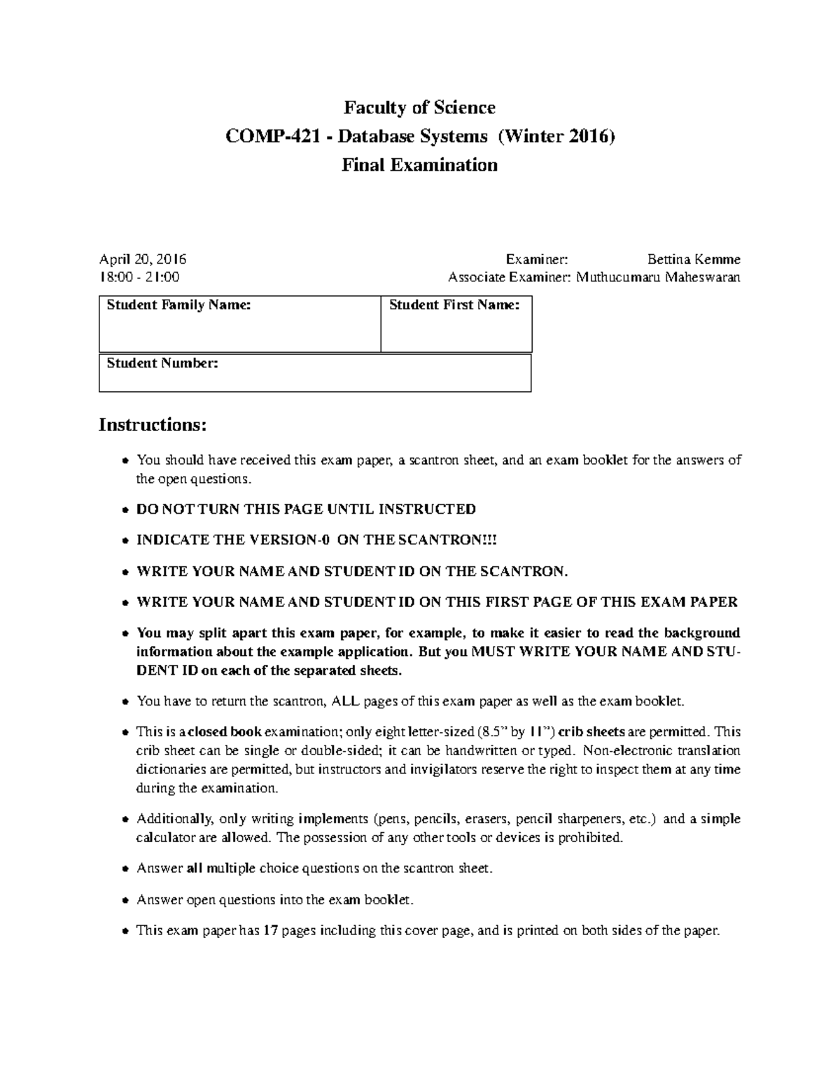 COMP 421 Winter 2016 Final Exam: Database Systems Overview and Instructions - Studocu