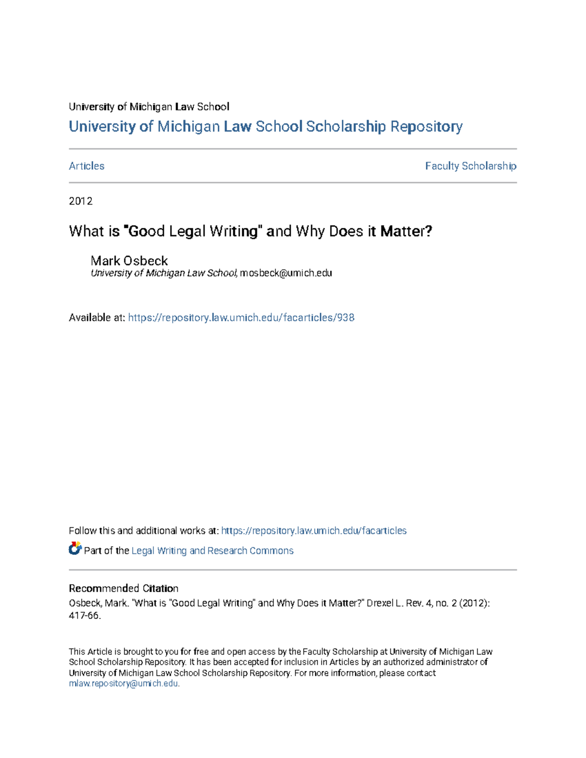 What is Good Legal Writing and Why Does it Matter? (LAW 2012) - Studocu