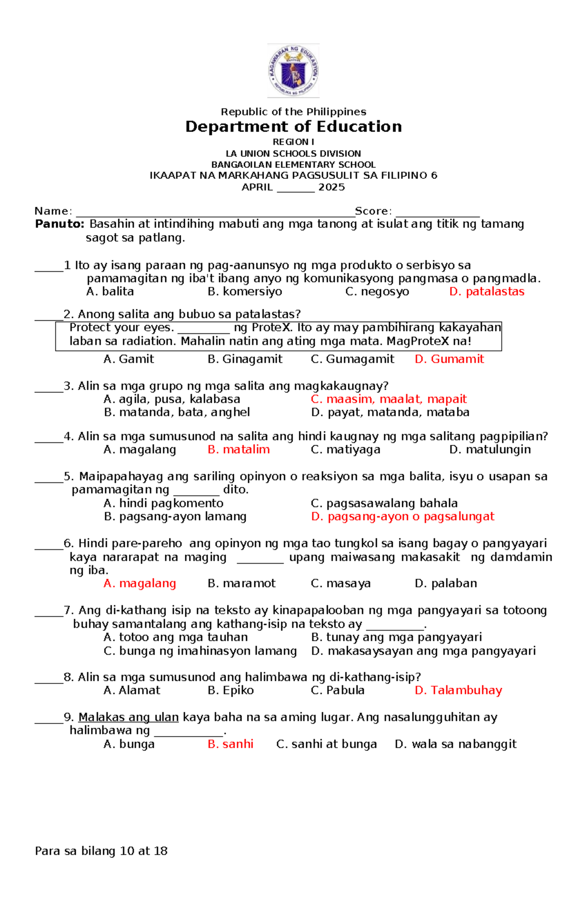 TQ- Filipino 6 Q4 - Clear and coherent - Republic of the Philippines ...