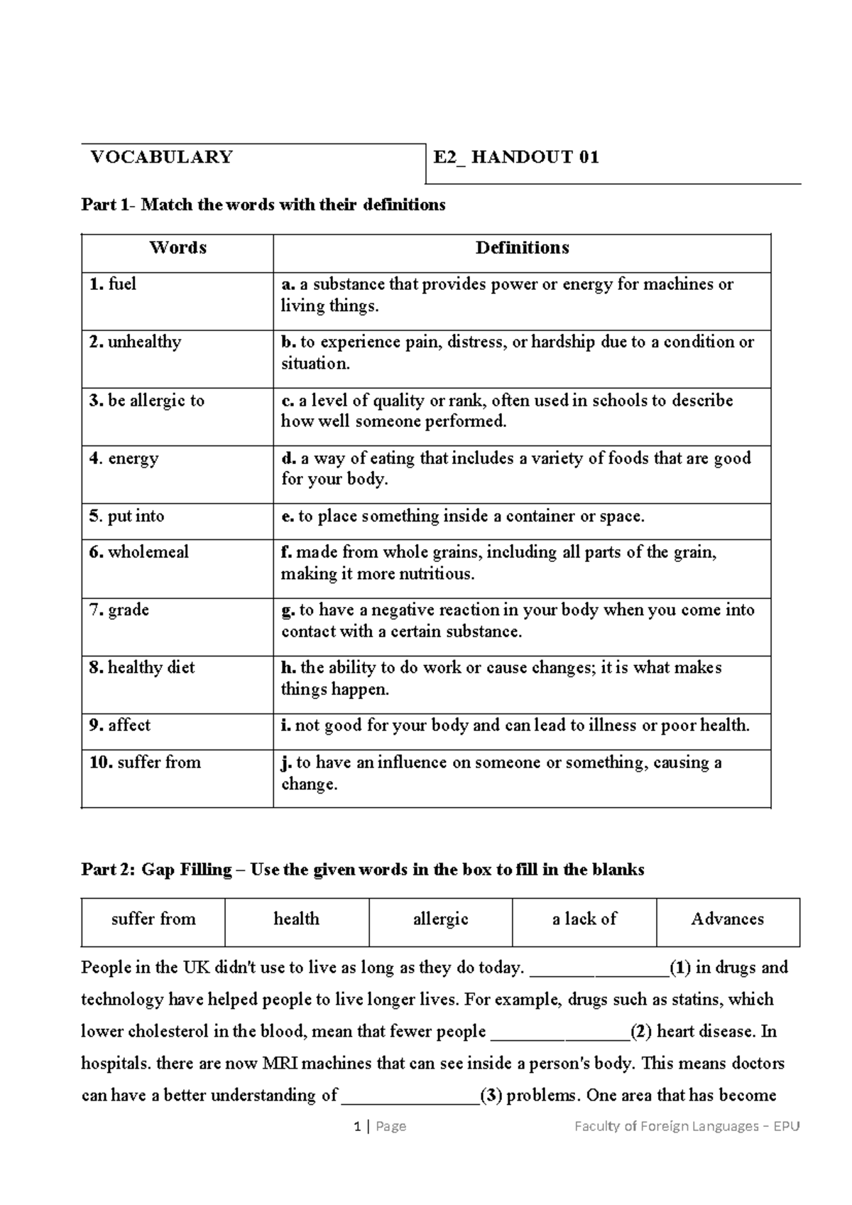 Unit 7 Empower E2_ Handout: Vocabulary, Grammar, and Listening ...