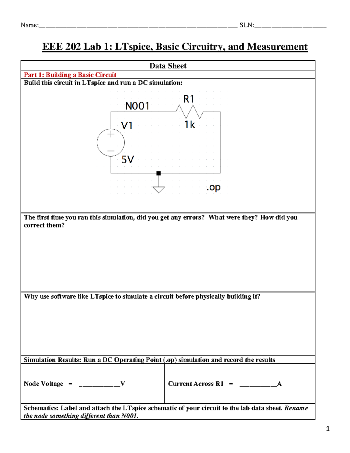 EEE 202 Lab 1: LTspice Basic Circuitry & Measurement Data Sheet - Studocu