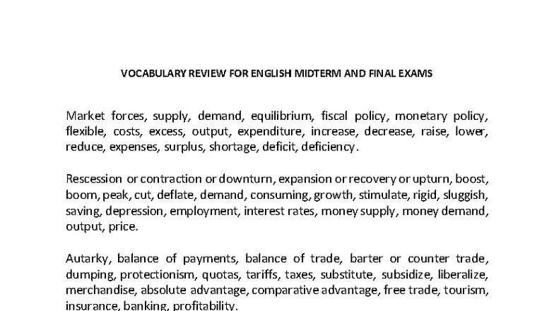 English 101: Vocabulary Review for Midterm & Final Exams - Studocu