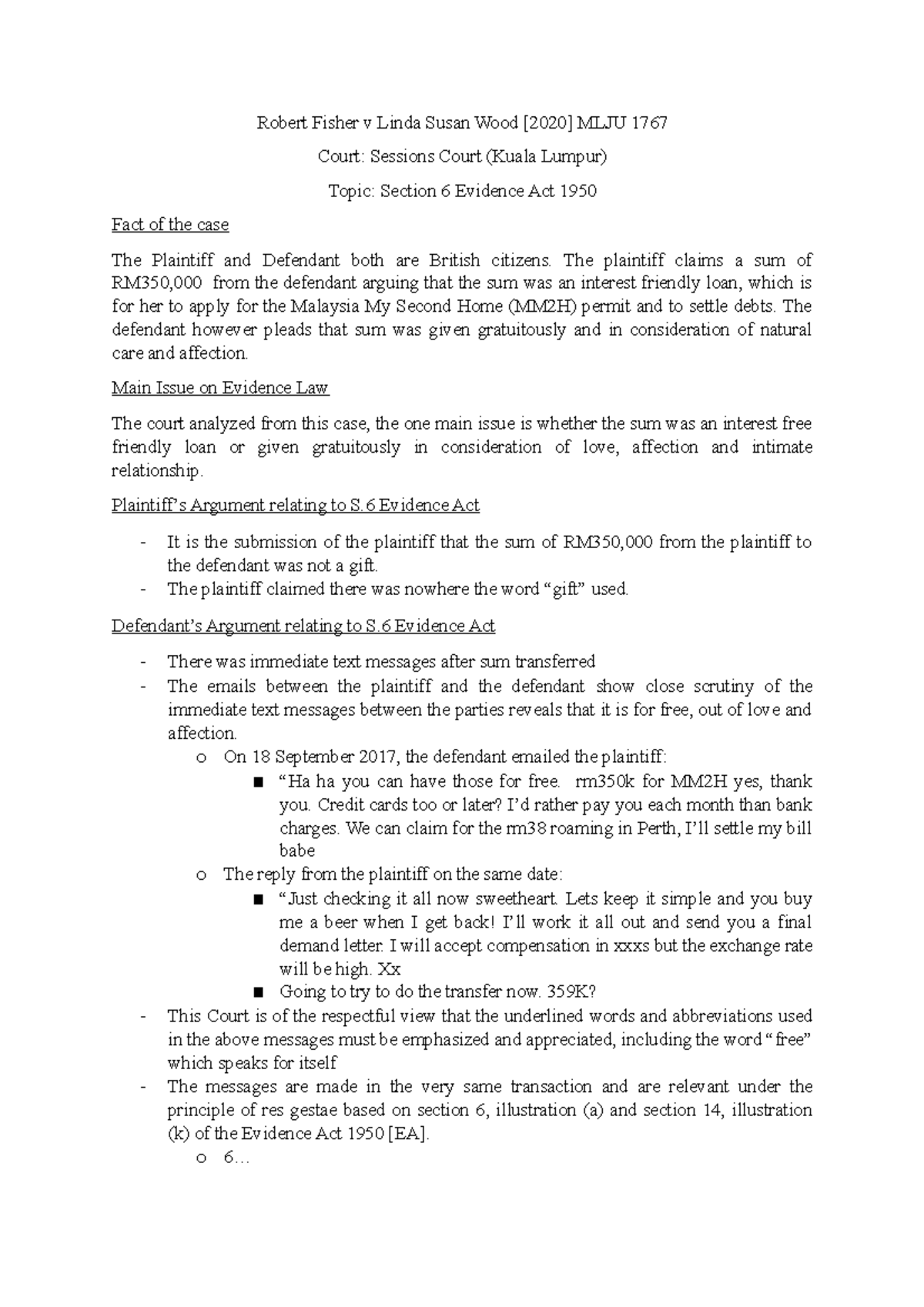 Robert Fisher v Linda Susan Wood [2020] MLJU 1767: Analysis of Evidence ...