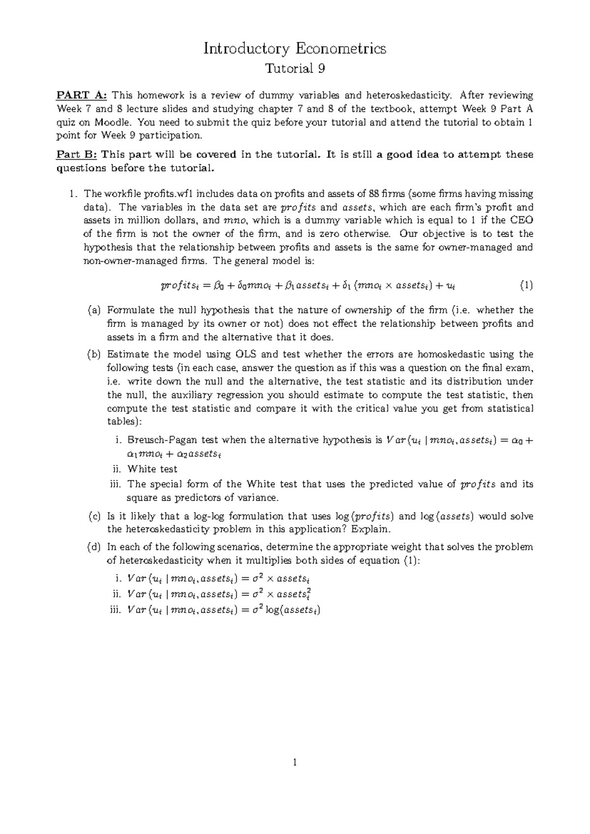 Econometrics Tutorial Exercise W9: Dummy Variables & Heteroskedasticity ...