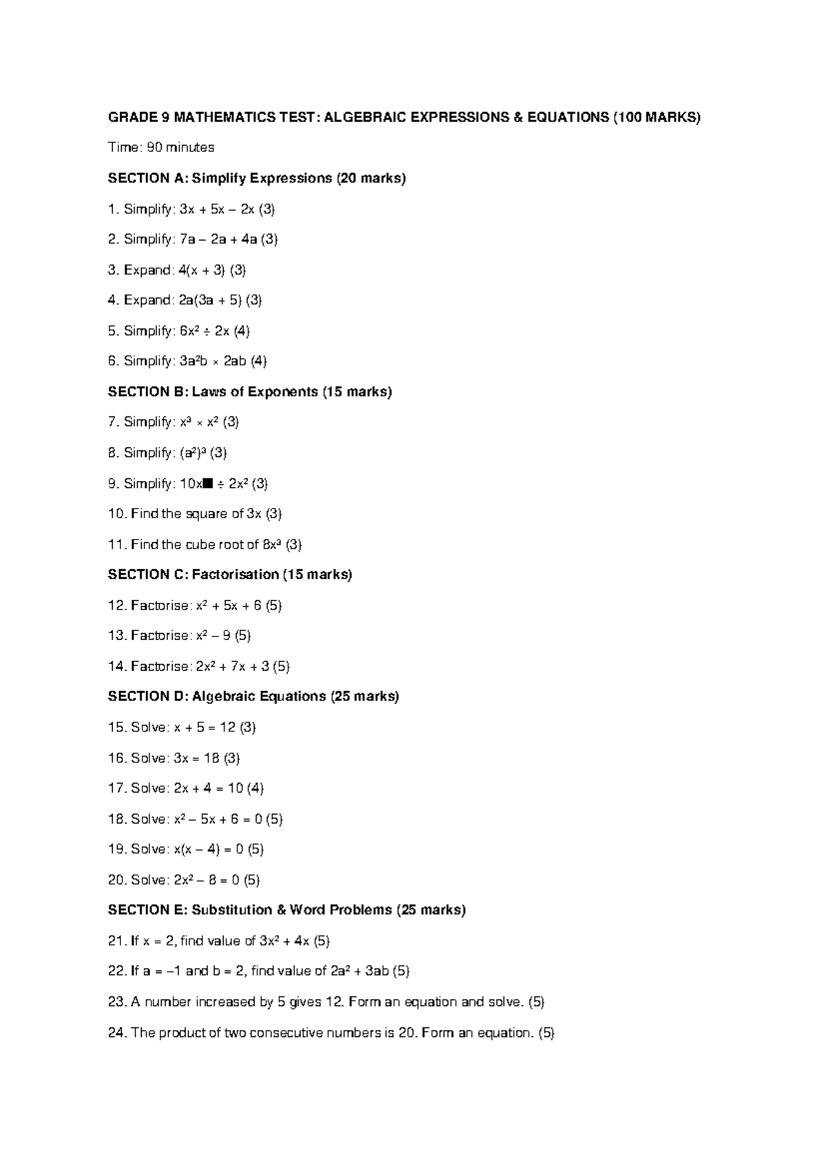 GRADE 9 MATHEMATICS TEST: ALGEBRAIC EXPRESSIONS & EQUATIONS - Studocu