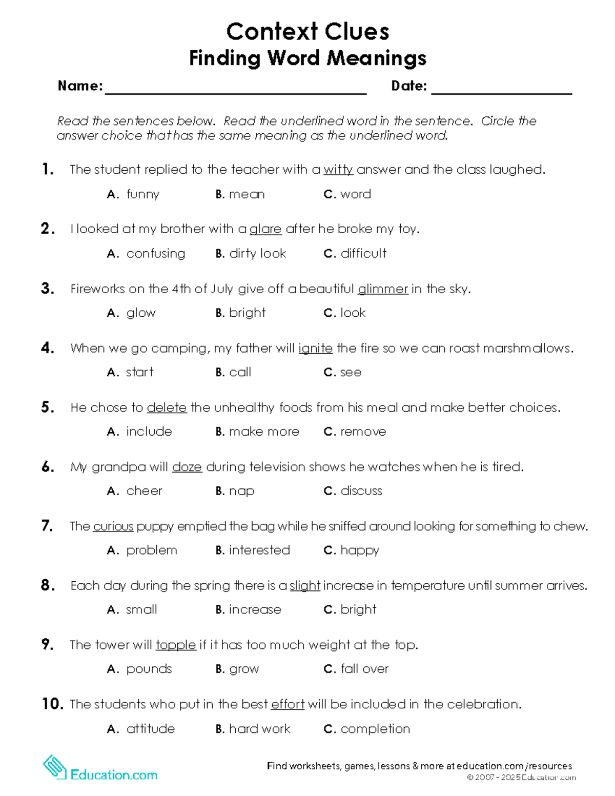Context Clues: Finding Word Meanings Worksheet - Studocu