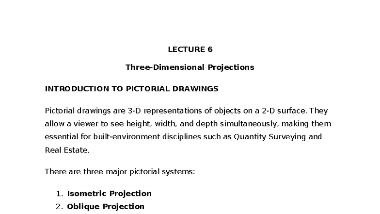 LECTURE 6-8: Projections in Pictorial Drawings for Quantity Surveying ...