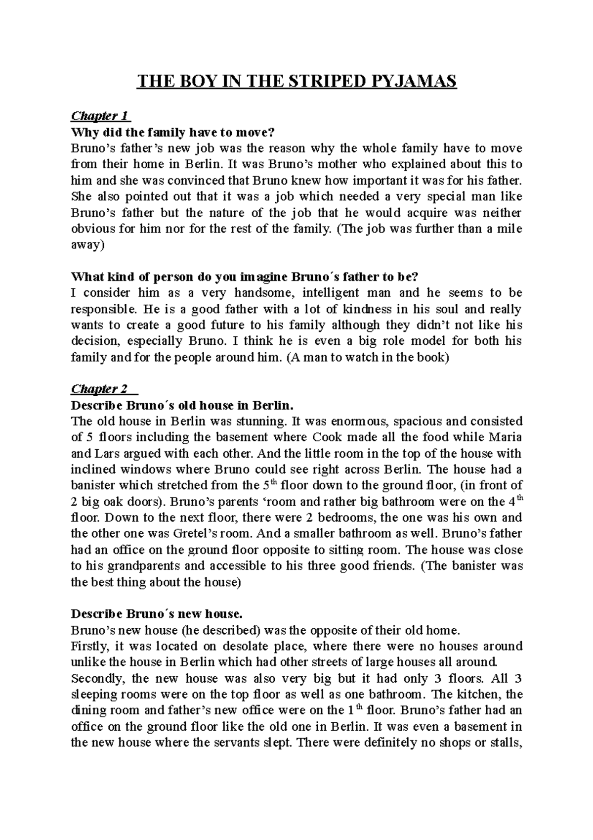 The Boy in the Striped Pyjamas: Chapter Summaries and Analysis - Studocu
