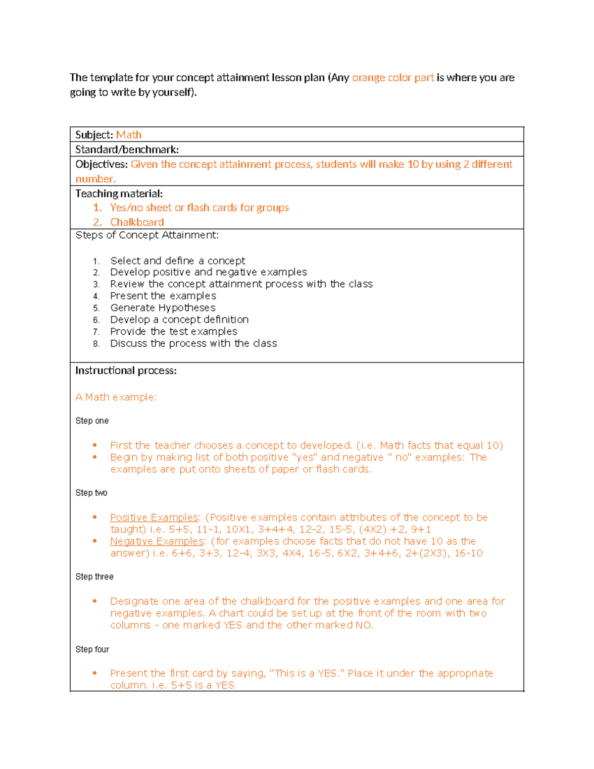 Concept Attainment Lesson Plan Template for Math Class - Studocu