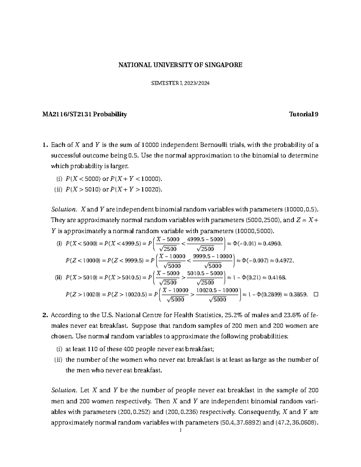 MA2116/ST2131 Probability Tutorial 9 Solutions and Insights - Studocu
