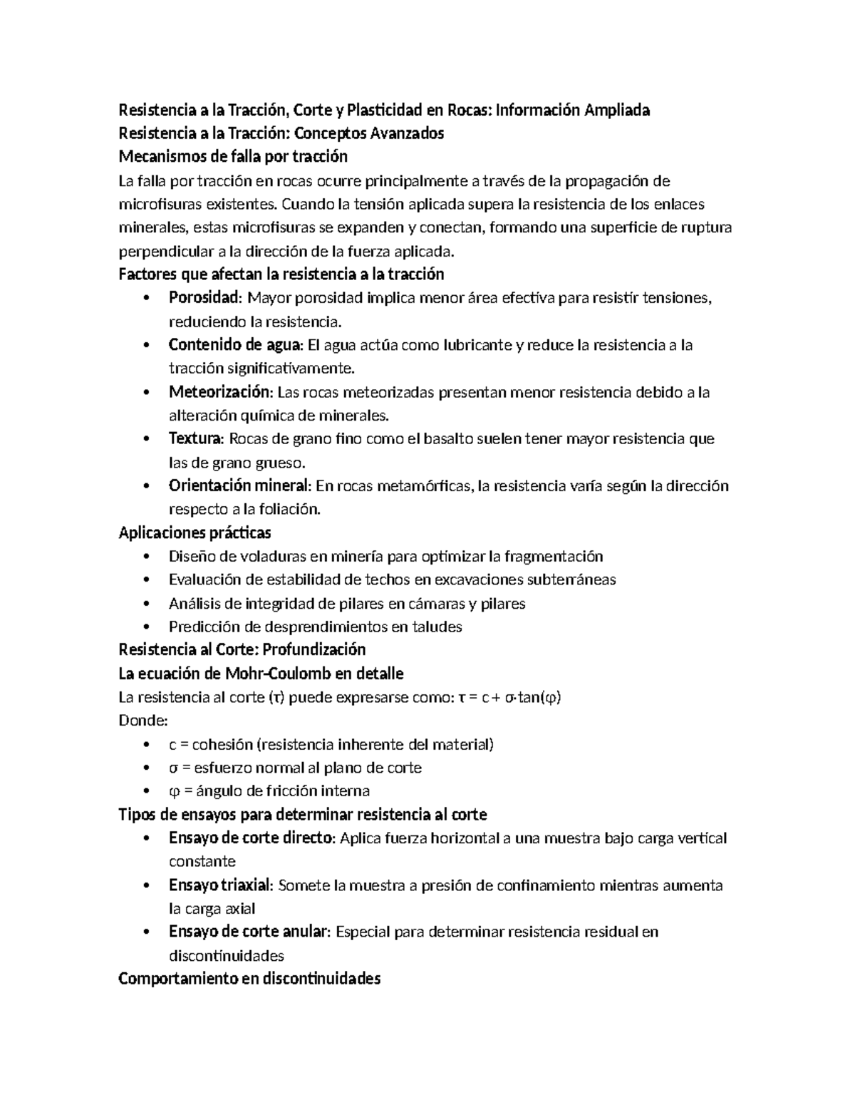 Resistencia a la Tracción, Corte y Plasticidad en Rocas: Estudio ...