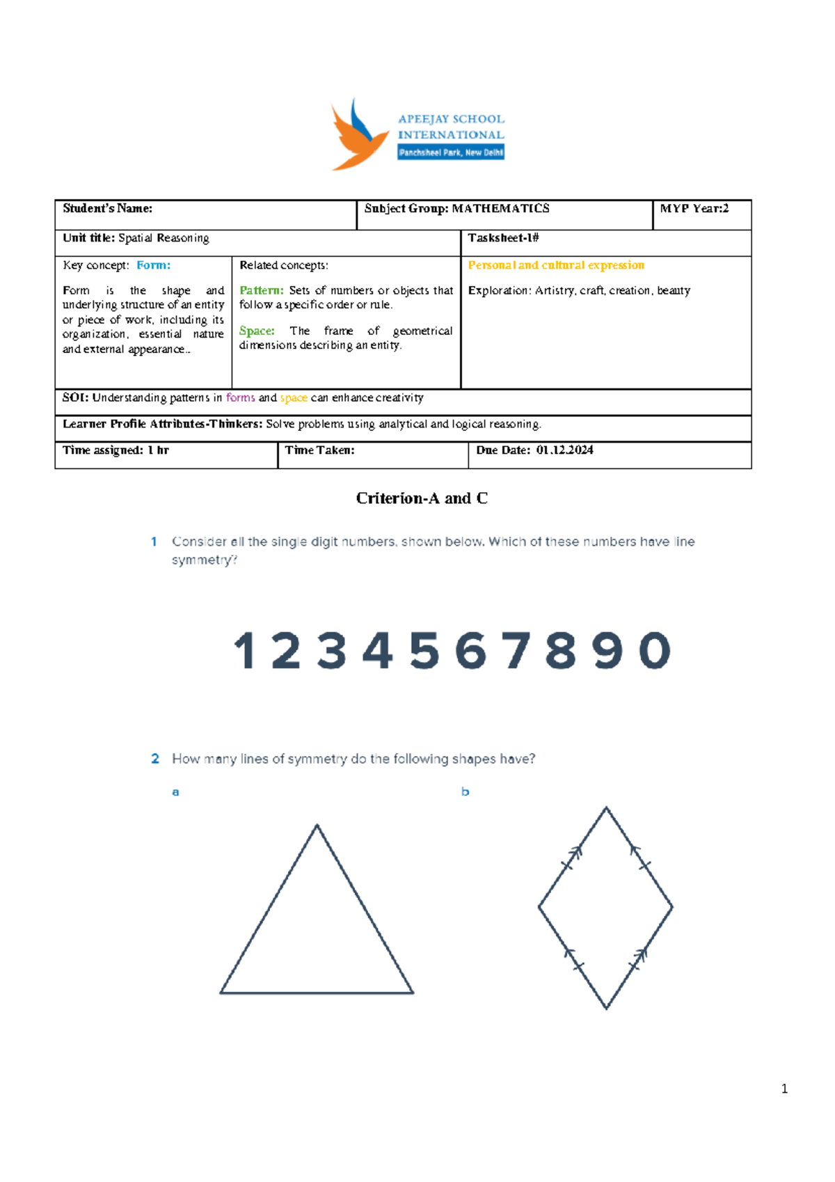 MYP2 Math Tasksheet 1: Spatial Reasoning Concepts (Term 2 2024-25 ...