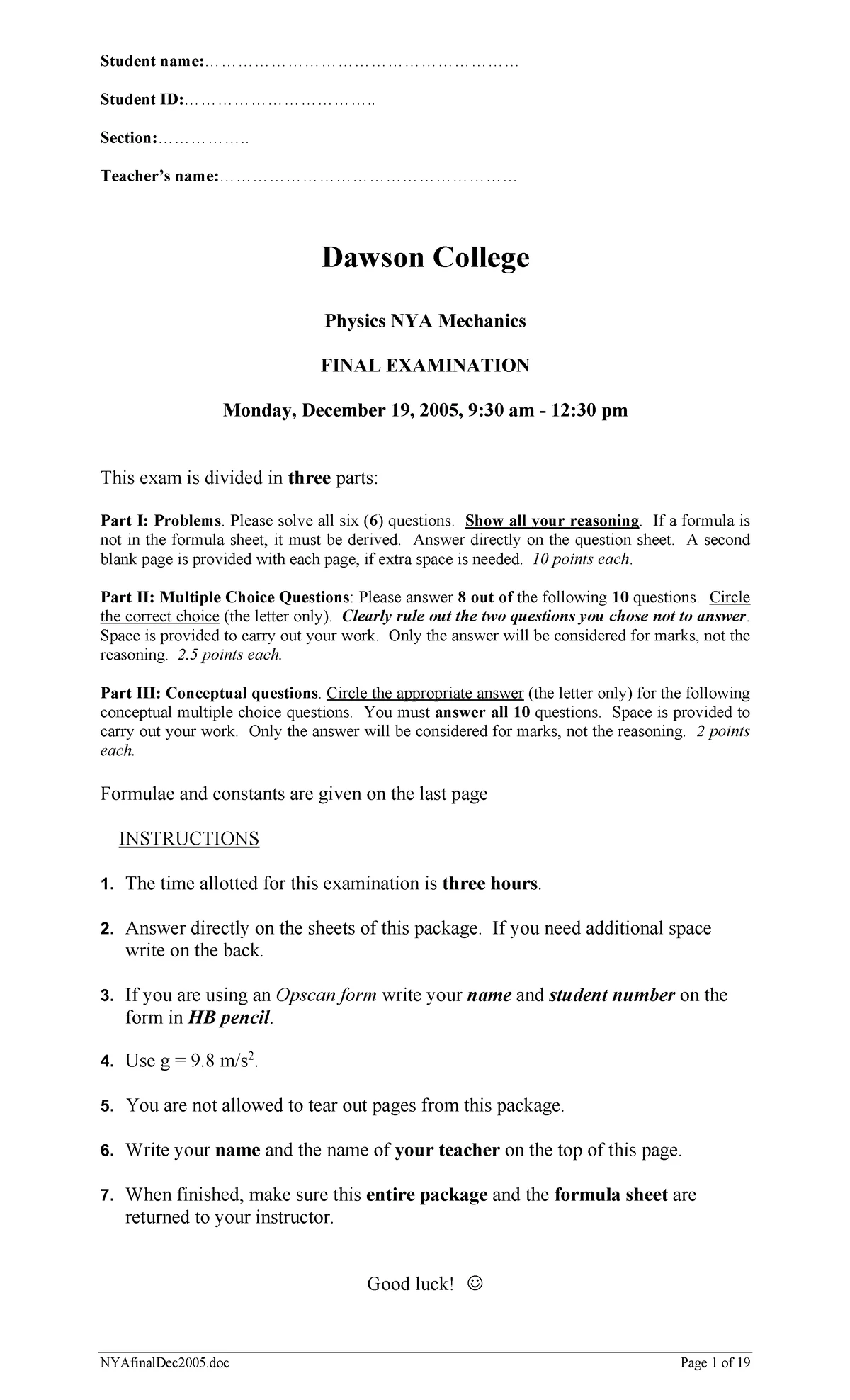 Sample Final Exam Physics 203-NYA-05 Mechanics Overview - Studocu