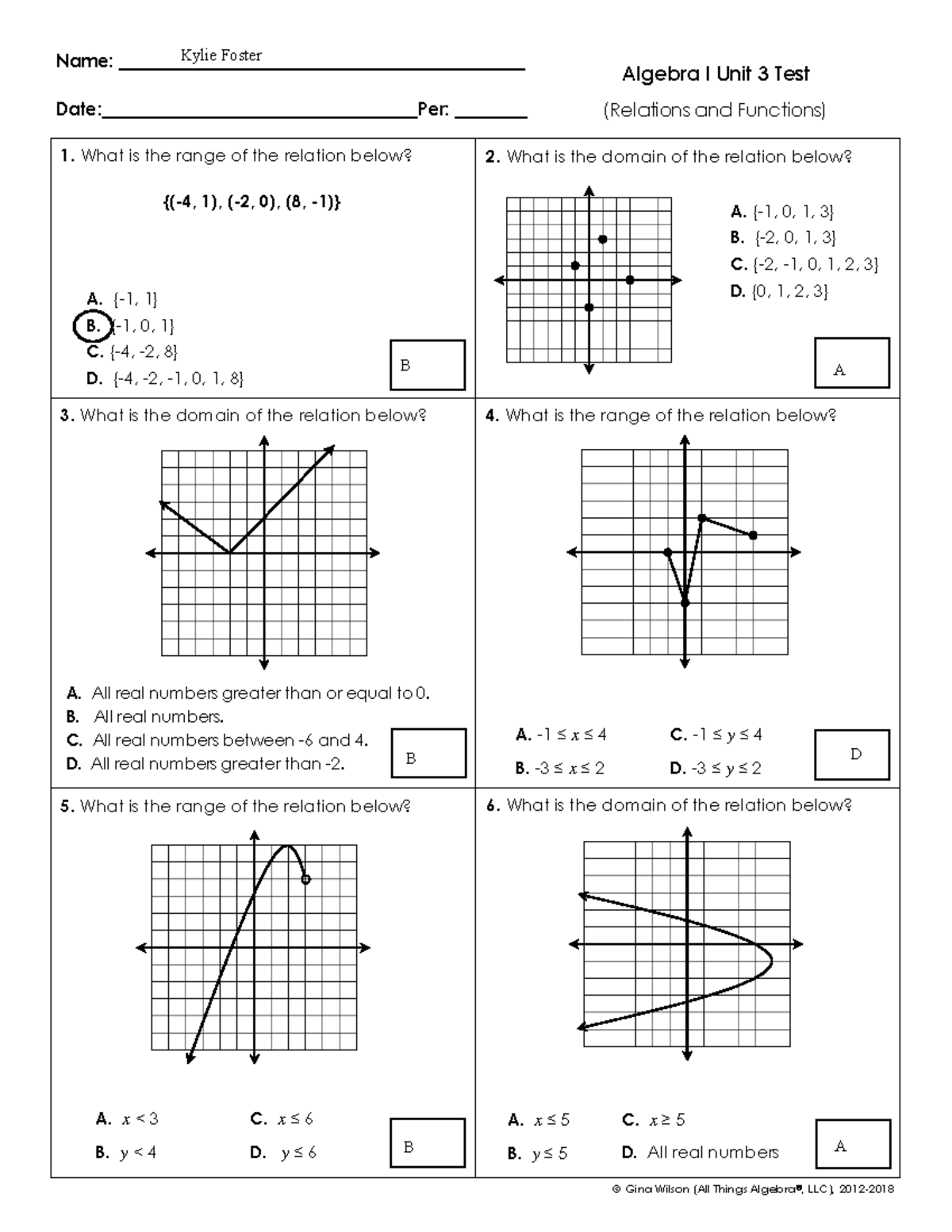 Algebra I Unit 3 Test - Relations and Functions (KAM 101) - Studocu
