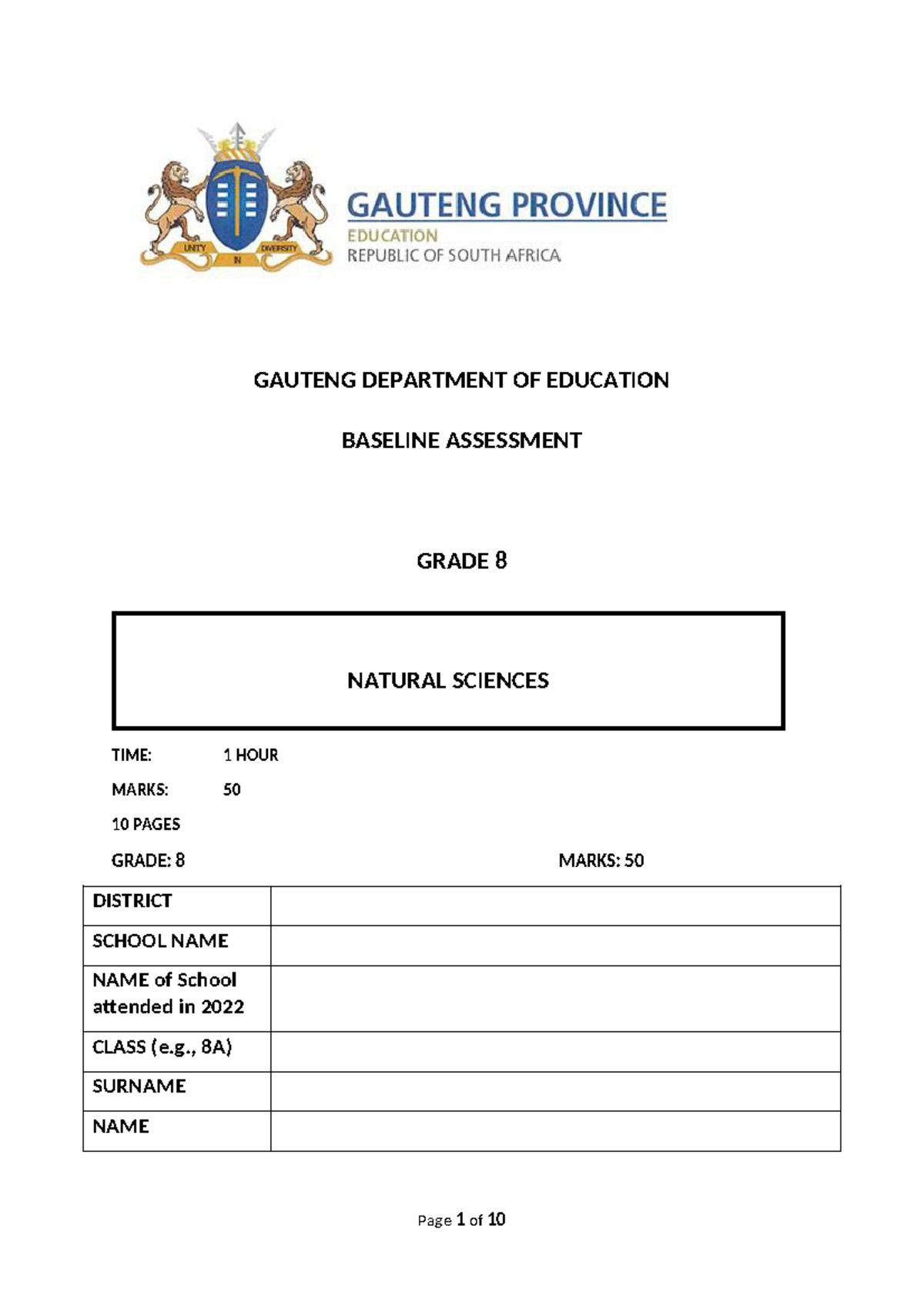 NS Grade 8 Baseline Assessment 2024: Natural Sciences Exam - Studocu