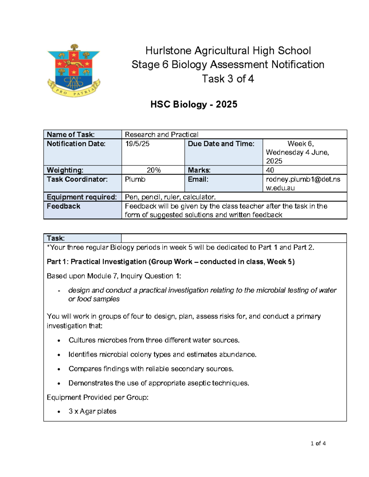HSC Biology 2025 Task 3 Notification: Practical & Research Assessment - Studocu