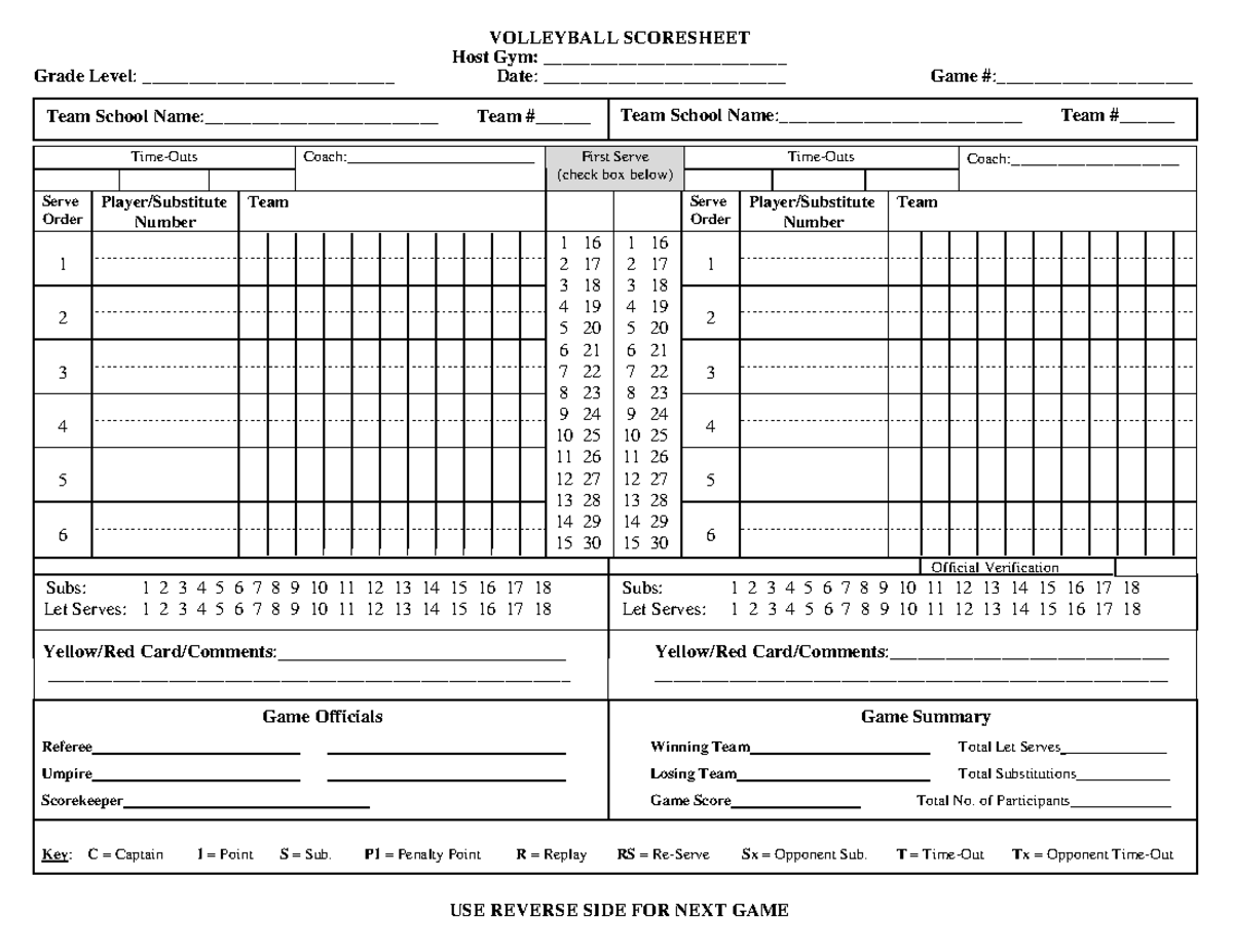 Volleyball Scoresheet Template for Game Tracking & Official Records ...