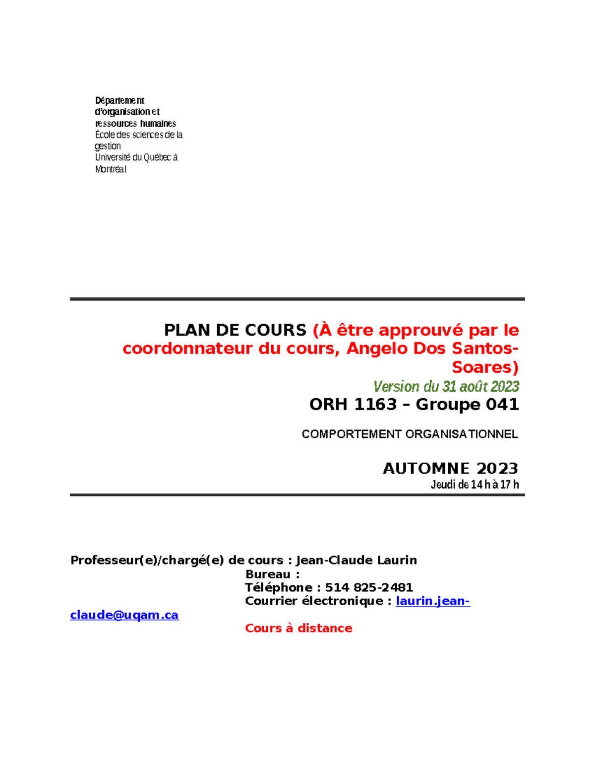 Plan de Cours ORH 1163 - Comportement Organisationnel Automne 2023 - Studocu