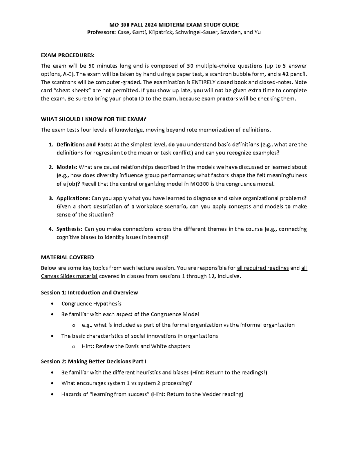 MO 300 F24 Midterm Exam Study Guide: Key Concepts and Sample MCQs - Studocu