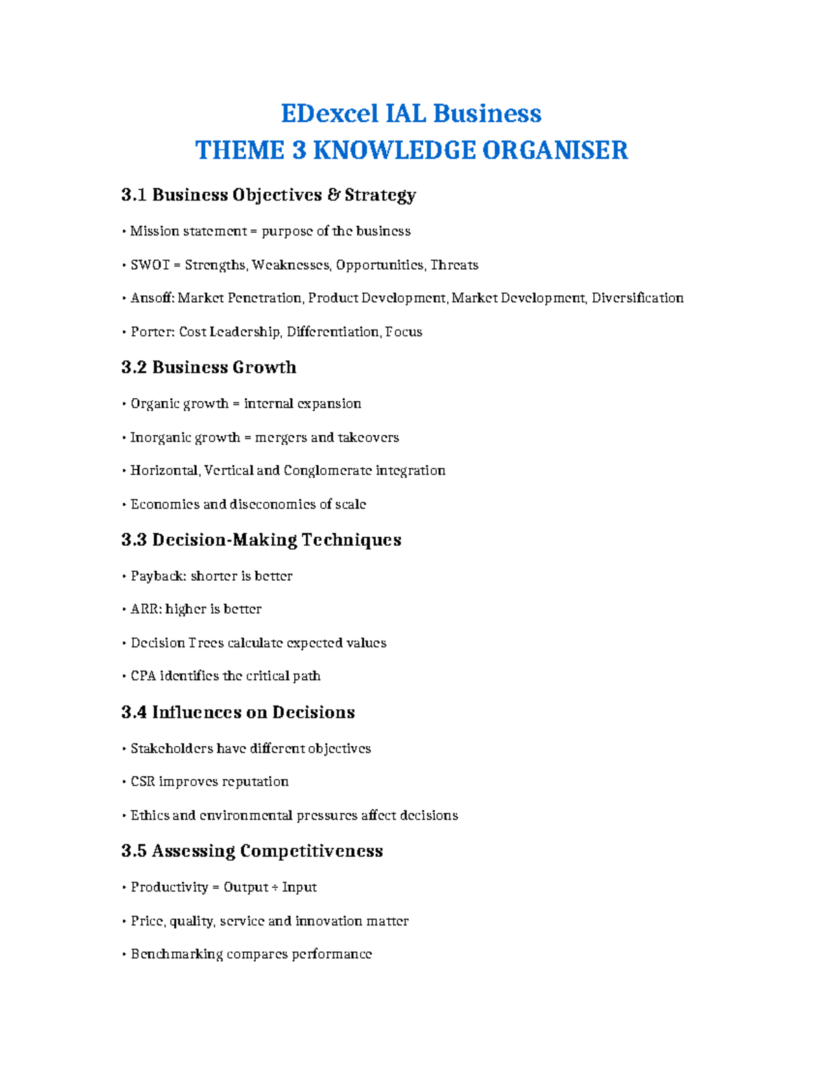 EDexcel IAL Business Theme 3 Knowledge Organiser: Objectives ...