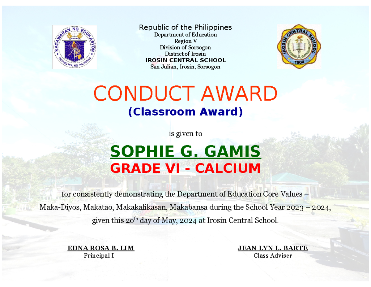 Conduct-Award - homework - Republic of the Philippines Department of ...