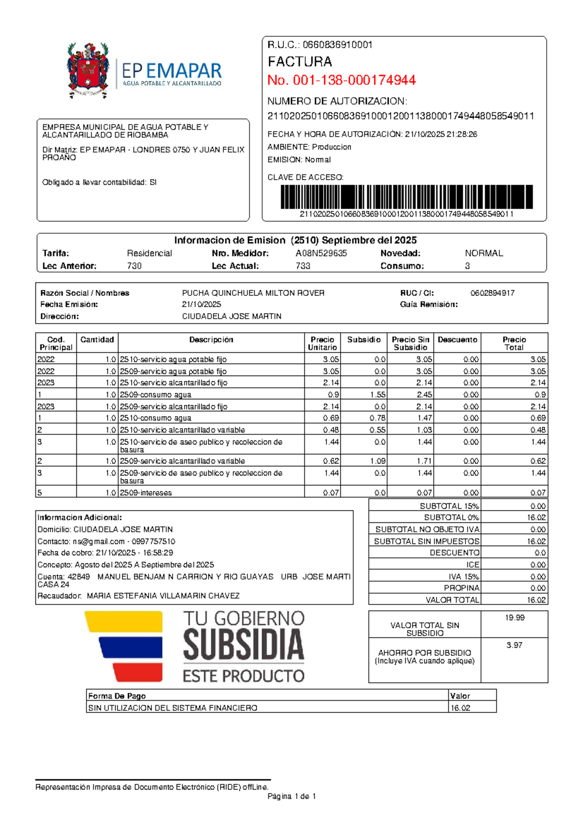Factura 001-138-000174944: Detalles de Emisión y Consumo - Studocu
