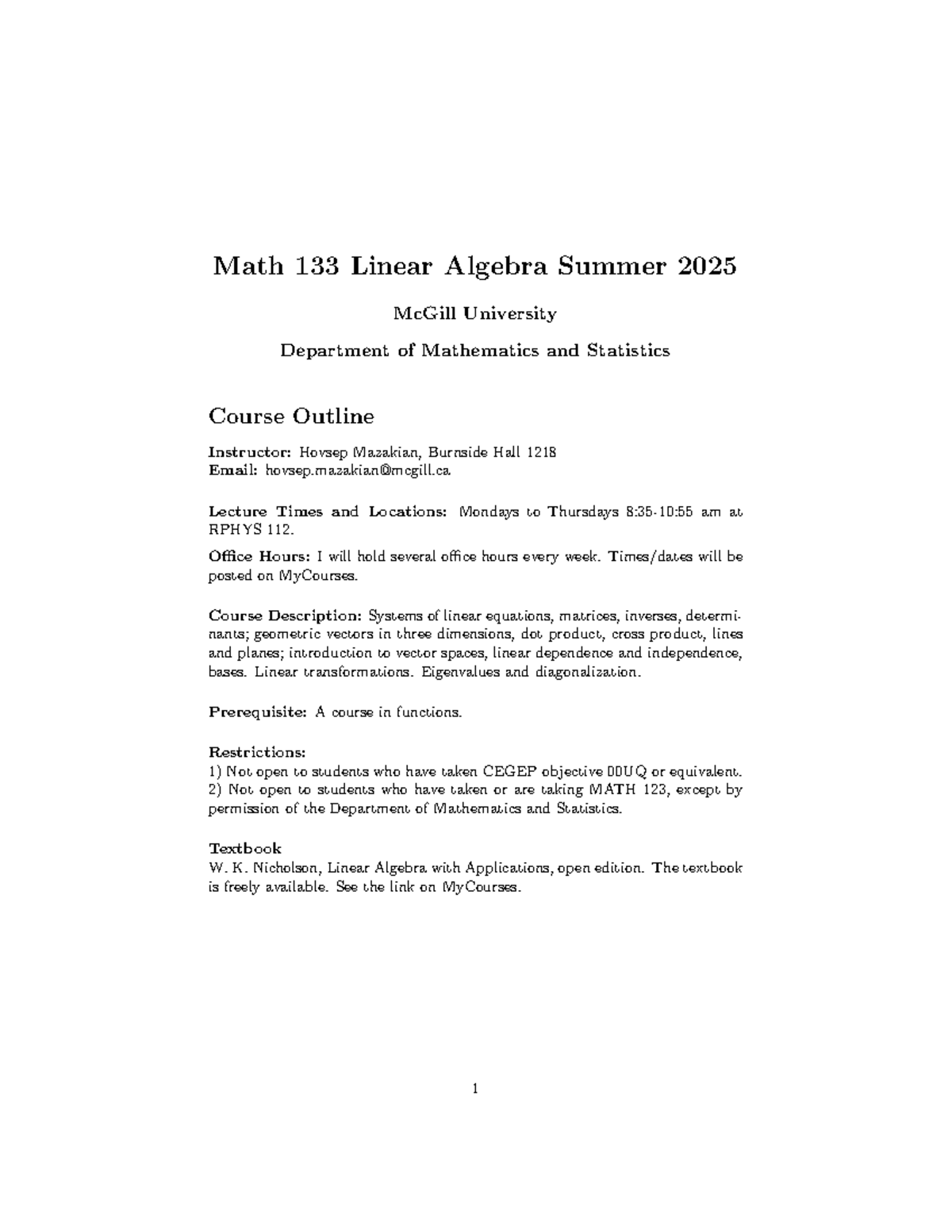 Math 133 Linear Algebra Course Outline - Summer 2025 - Studocu