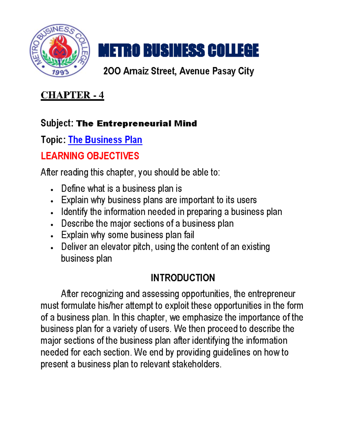 Chapter 4: Business Plan Essentials in Entrepreneurial Mind (BUS 200 ...