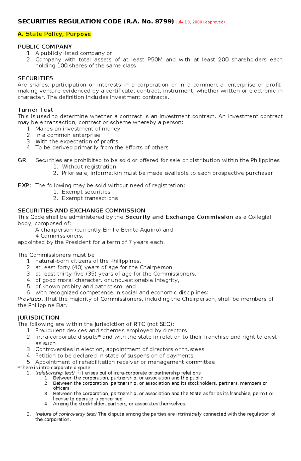 SRC - Securities Regulation Code Overview and Key Provisions - Studocu