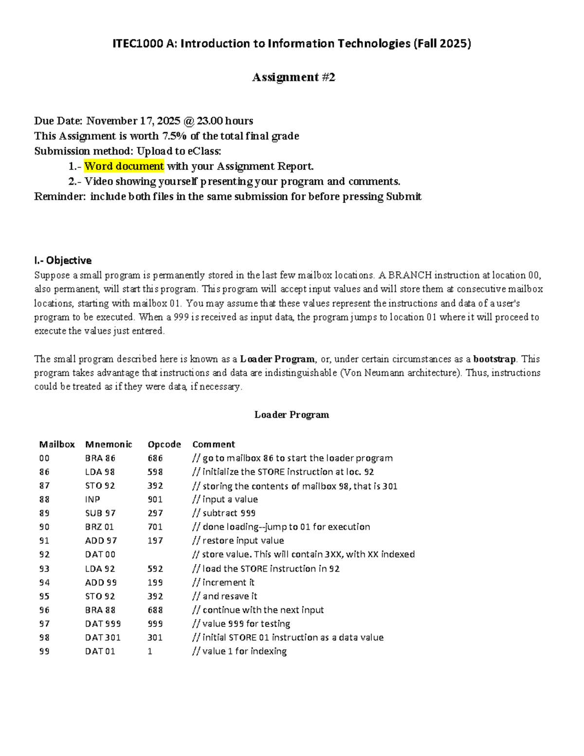 ITEC1000 B - Loader Program Assignment 2 (Fall 2025) - Studocu