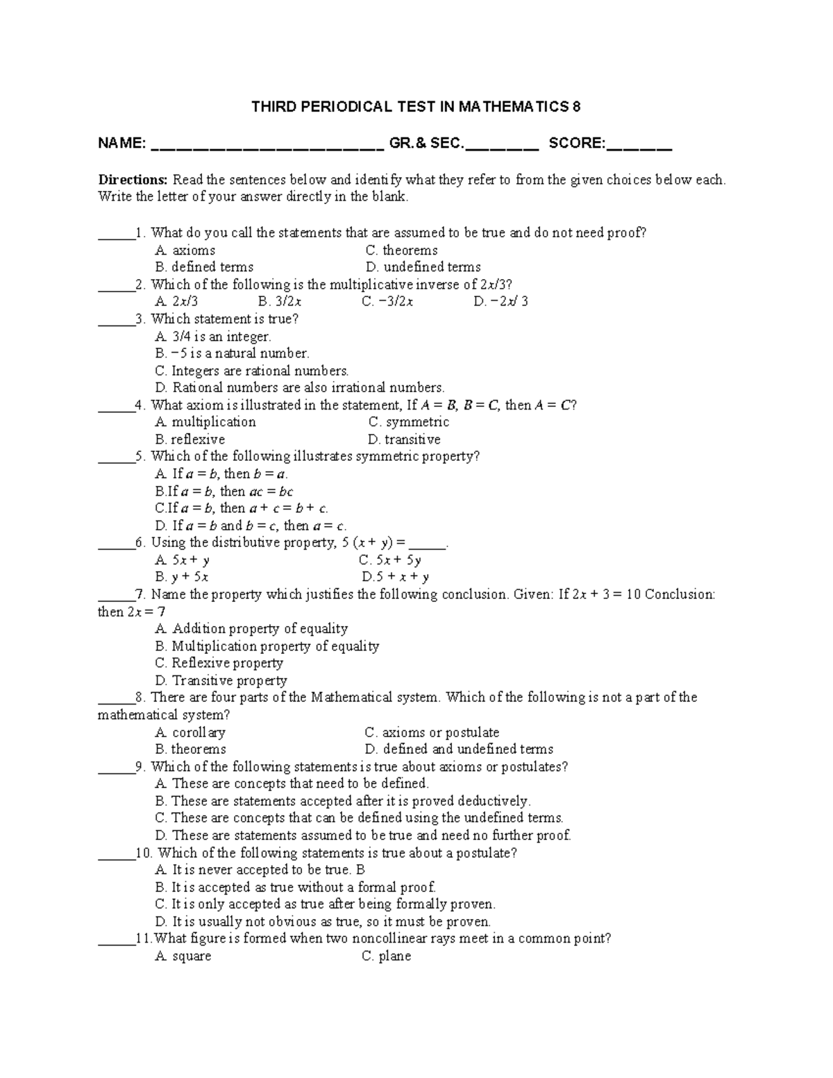 Third Periodical Math Test for Grade 8 (MAT 8) - Studocu