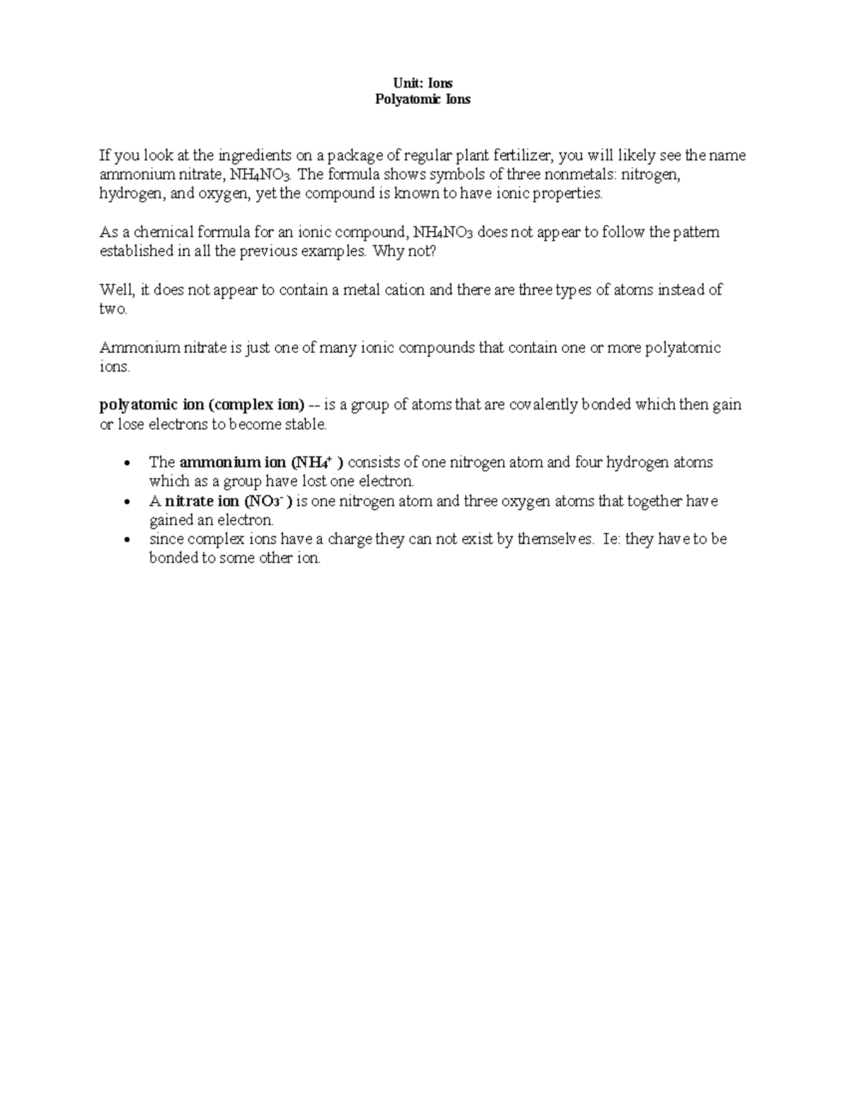 Polyatomic Ion Notes (Course Code: CHEM101) - Studocu