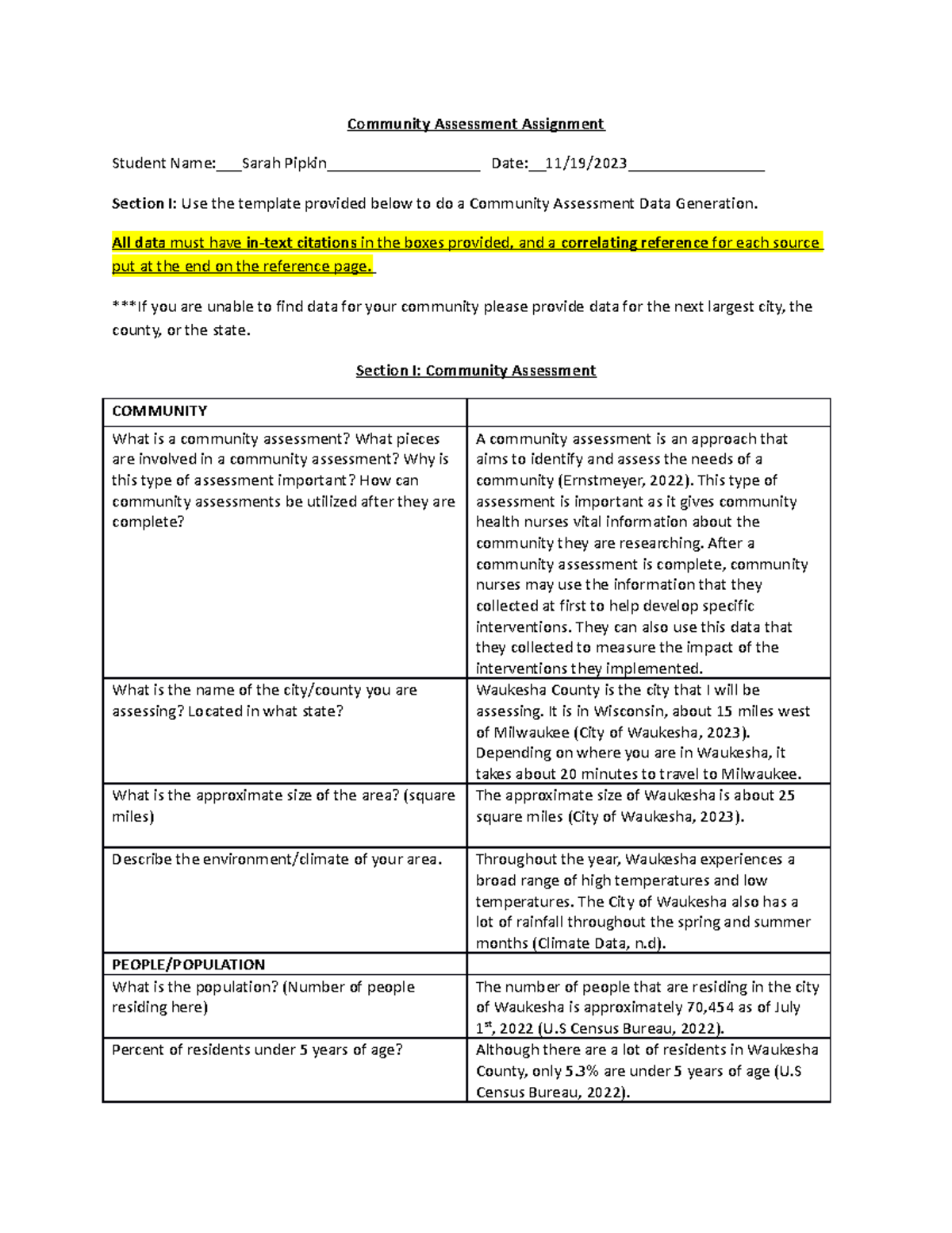 Community Assessment Template & Analysis - FA23 Updates - Studocu