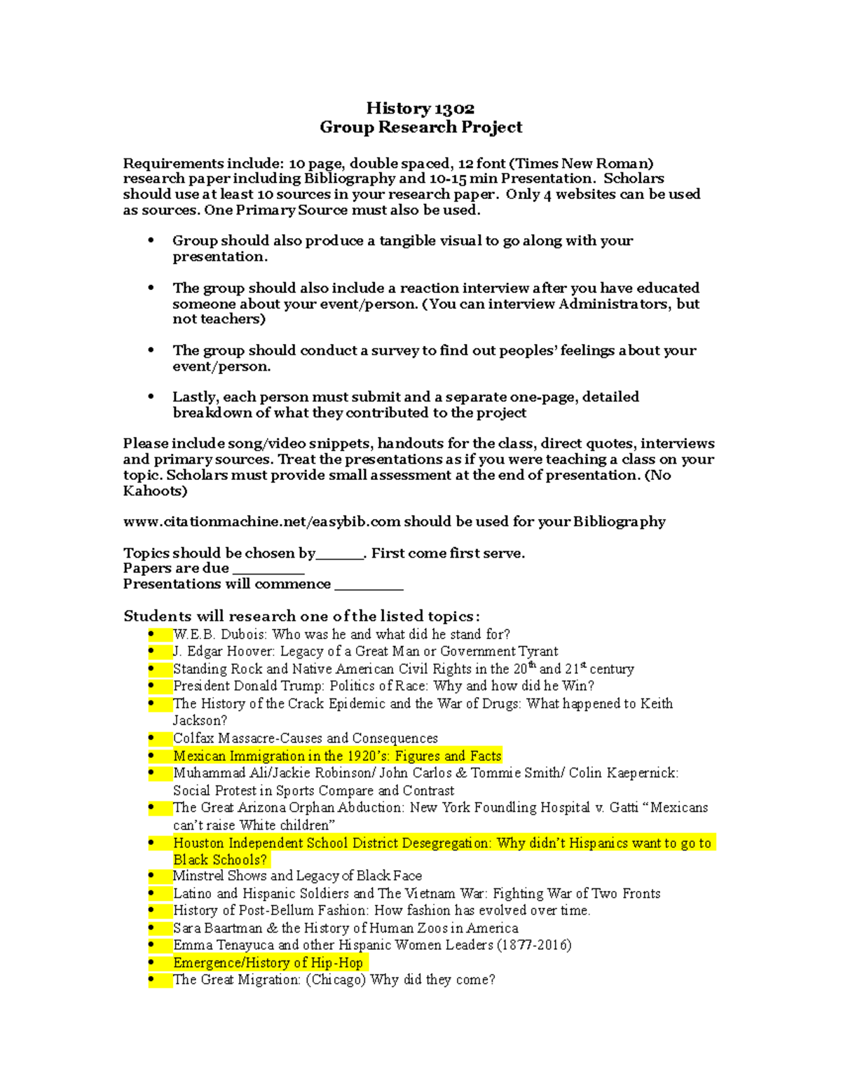 History 1302 Group Research Topics - History 1302 Group Research ...