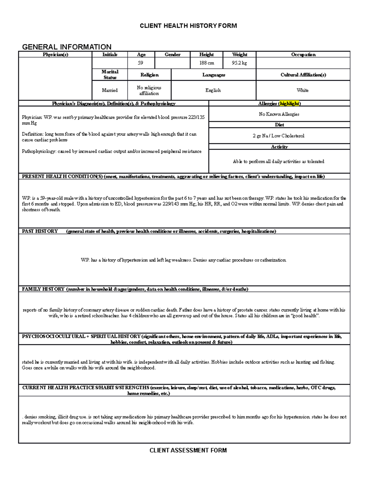 Care Plan - Care Plan example - CLIENT HEALTH HISTORY FORM GENERAL ...
