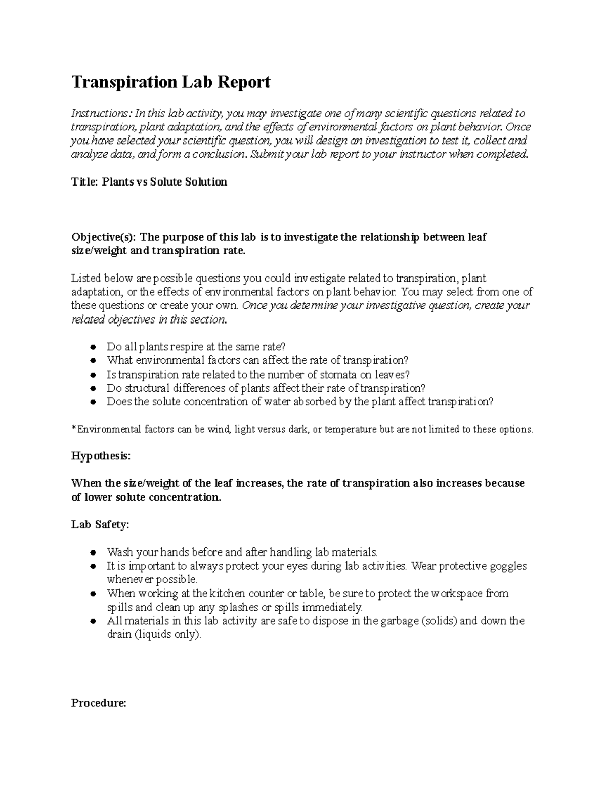 02 07 transpiration lab report - Transpiration Lab Report Instructions ...