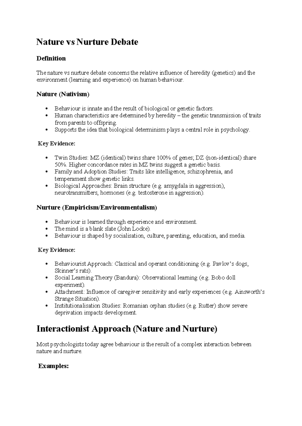 Nature vs Nurture Debate: Class Notes Overview - Studocu