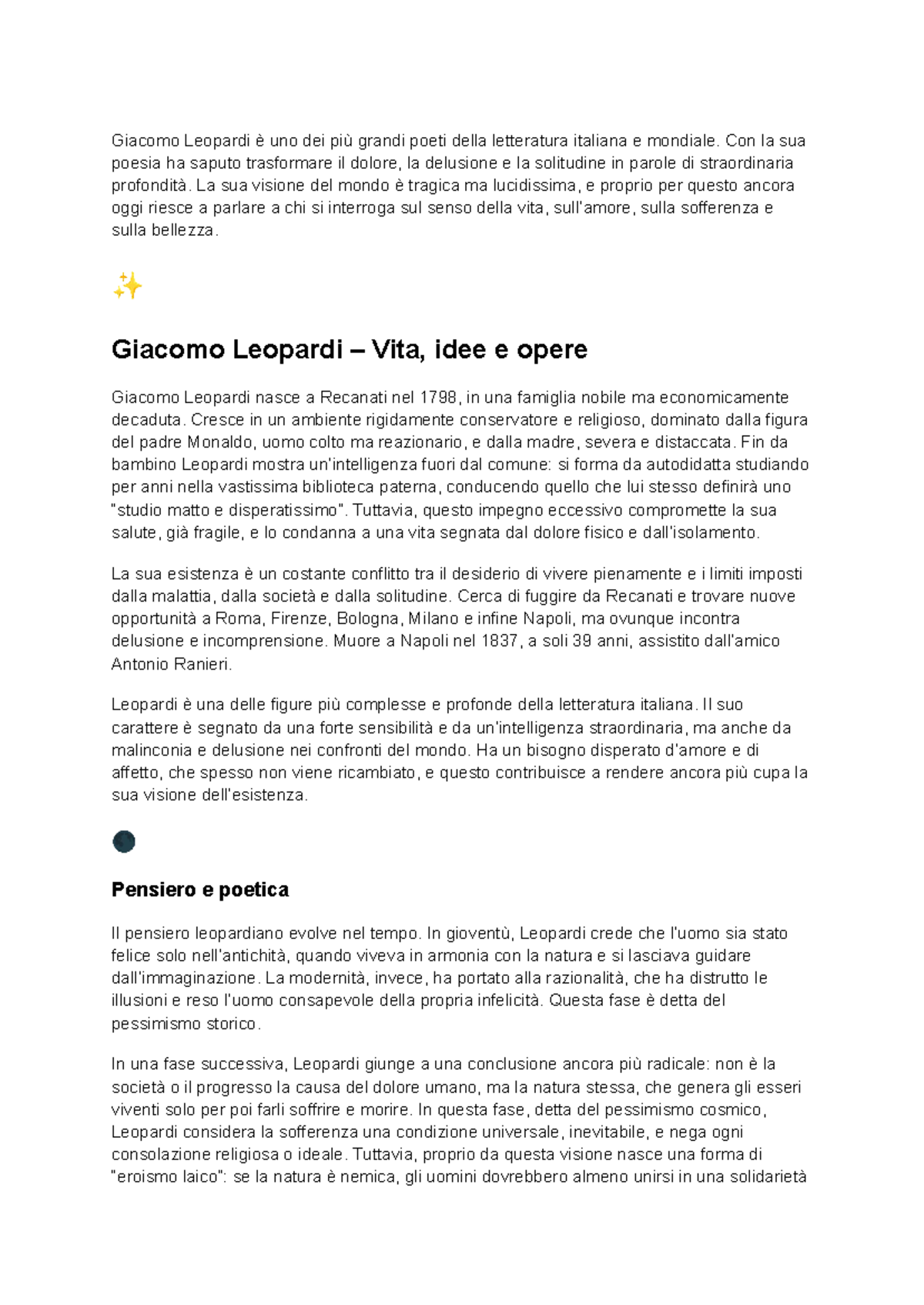 Leopardi: Vita, Pensiero e Opere del Grande Poeta Italiano - Studocu
