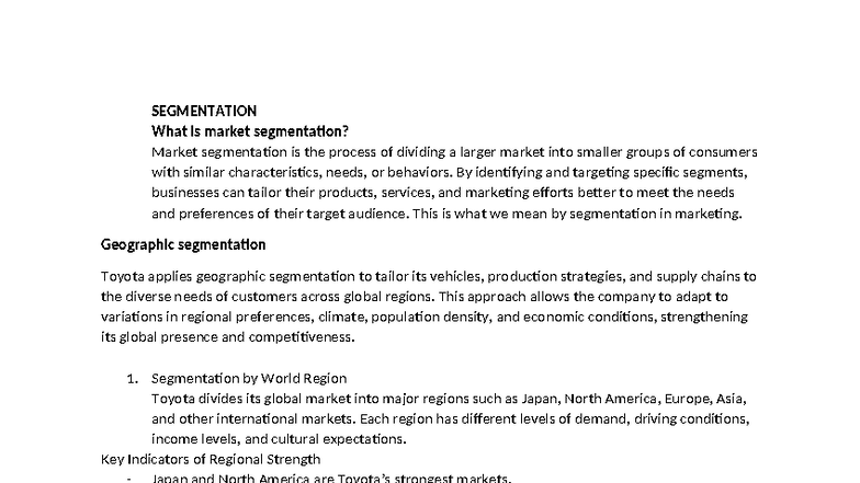 SEGMENTATION IN MARKETING: A STUDY ON TOYOTA'S STRATEGIES - Studocu