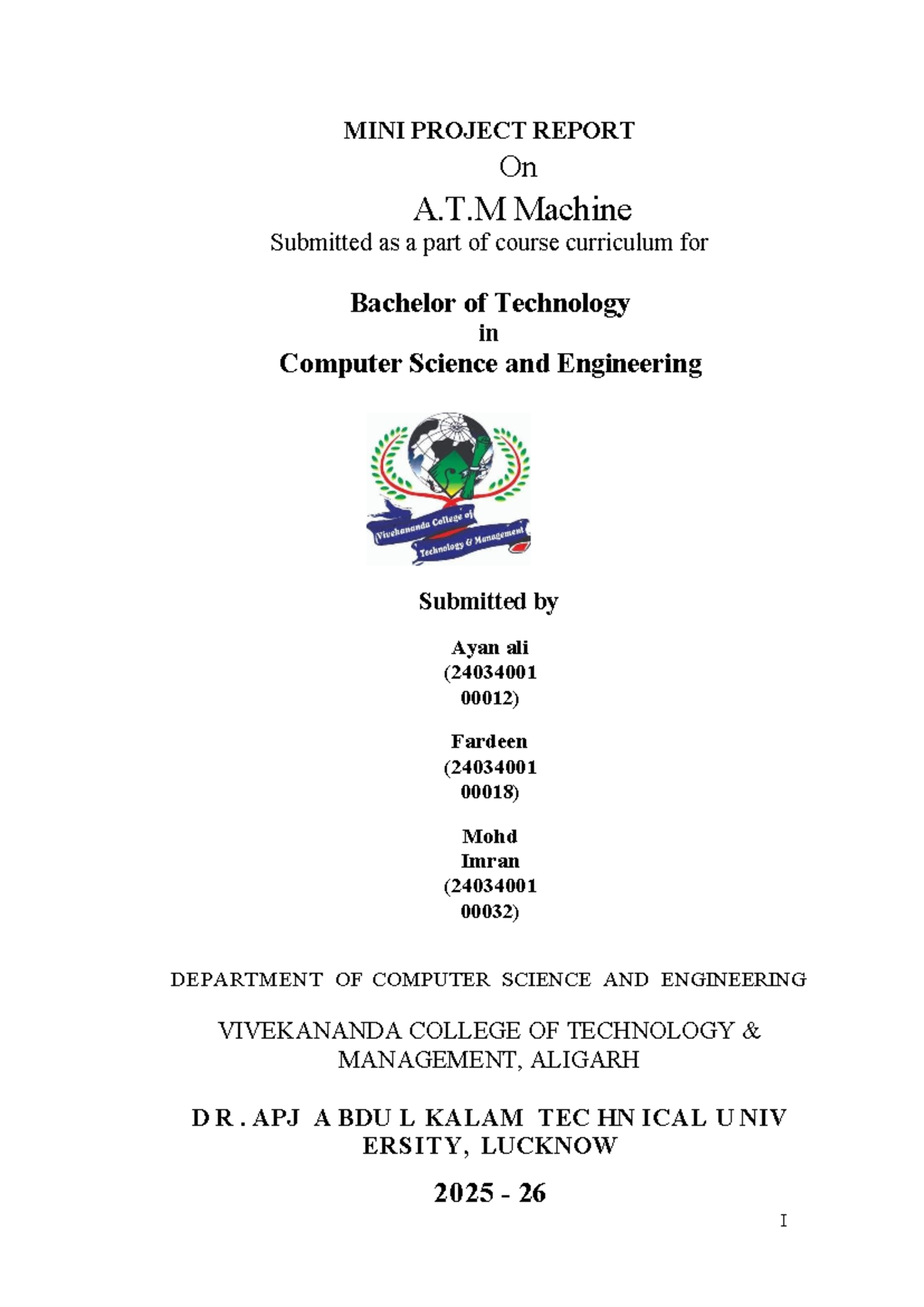 MINI PROJECT REPORT: ATM Machine Simulation for B.Tech CSE - Studocu