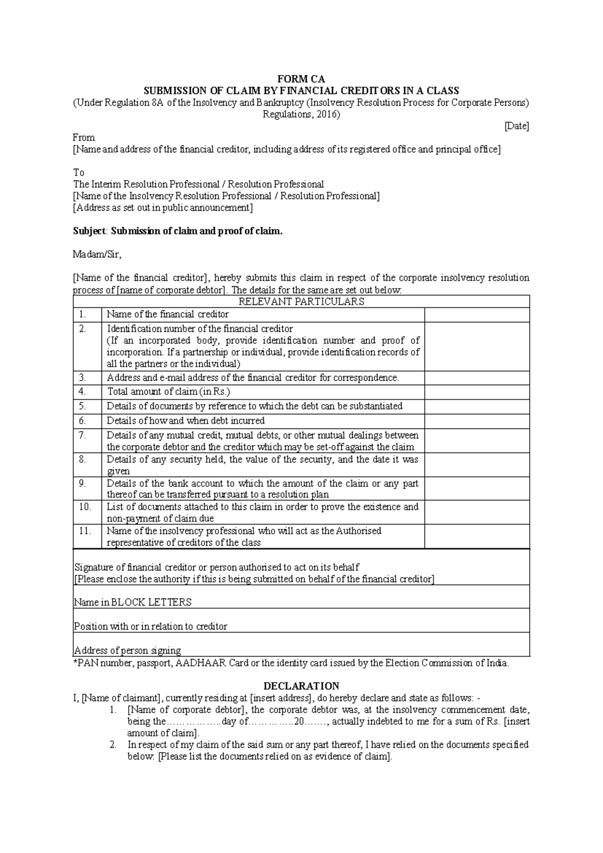 Form CA: Claim Submission by Financial Creditors in Insolvency Process ...
