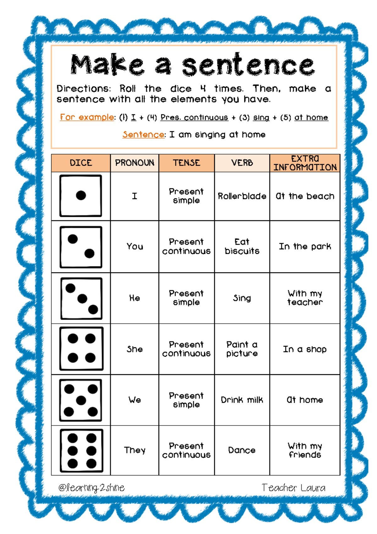 Worksheettorevisepresentsimpleandcontinuous-1 - DICE PRONOUN TENSE VERB ...