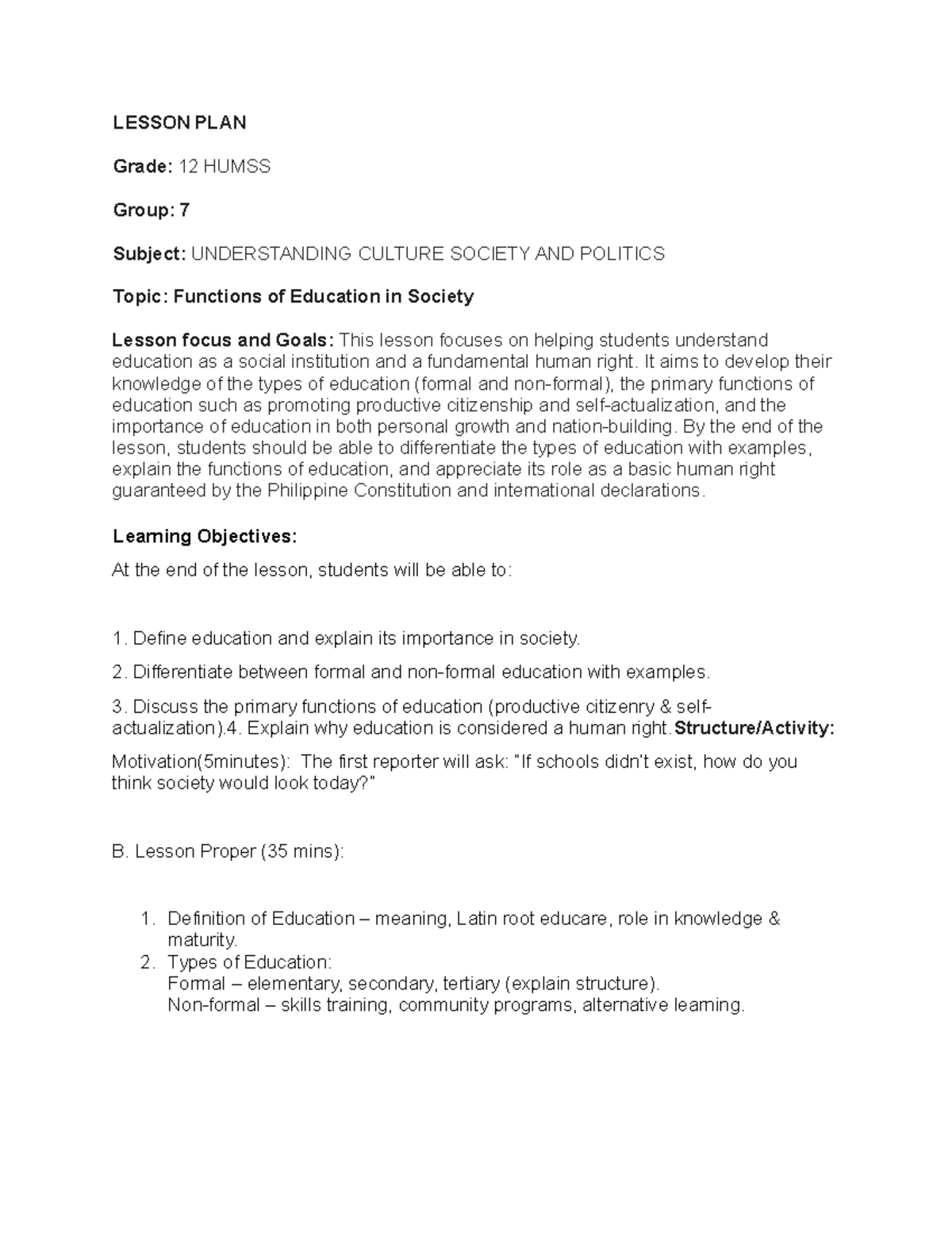 USCP G7 Lesson Plan: Functions of Education in Society - Studocu