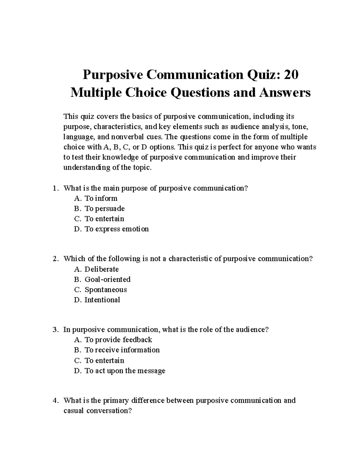 Purposive Communication Quiz: Test Your Knowledge on Key Concepts - Studocu